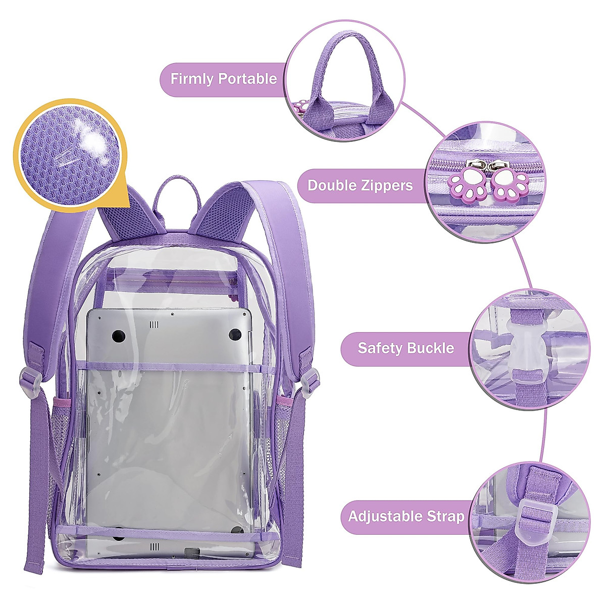 Maod Clear Backpack Stadium Approved Heavy Duty for School Women Men Large PVC Transparent Bookbags with Adjustable Shoulders (Purple)