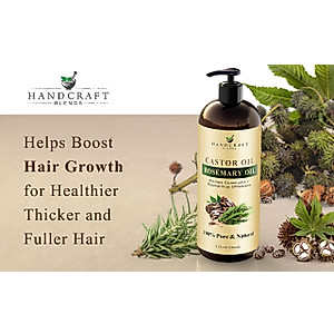 Handcraft Blends Castor Oil with Rosemary Oil for Hair Growth, Eyelashes, Eyebrows - 100% Pure and Natural Carrier Oil Hair, Body Oil - Moisturizing Massage Oil for Aromatherapy - 8 fl. Oz