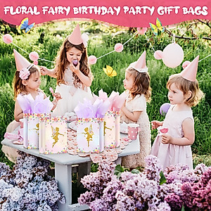 16 Pieces Floral Fairy Gift Bags with Tissue Paper Pink and Purple Floral Fairy Goodie Gift Treat Bags Spring Themed Bags Butterfly Baby Girl Paper Bags for Girl Kid Birthday Baby Shower Party