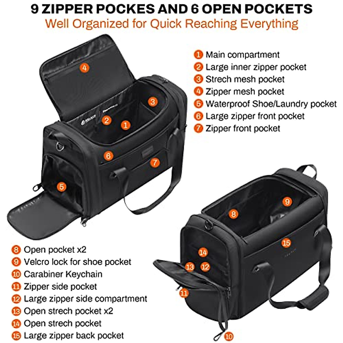 AGLAUS Tourenne 45L Travel Duffel Bag Foldable Weekender Sport Gym Duffle Carry On Luggage with shoe compartment wear/tear resistant water repellent 1680D Ballistic polyester - Black