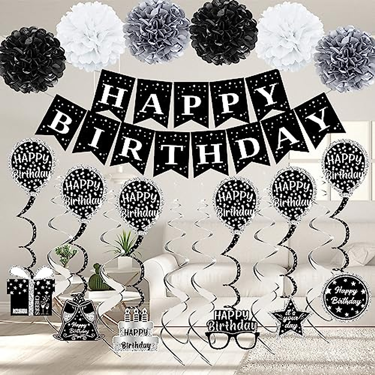 Birthday Decorations Black Silver White, Happy Birthday Party Decorations for Women Girls Men Boys, Happy Birthday Banner, Double-Sided Bday Pattern Card, Birthday Sash, 9 Pompoms, 6 Hanging Swirl Set