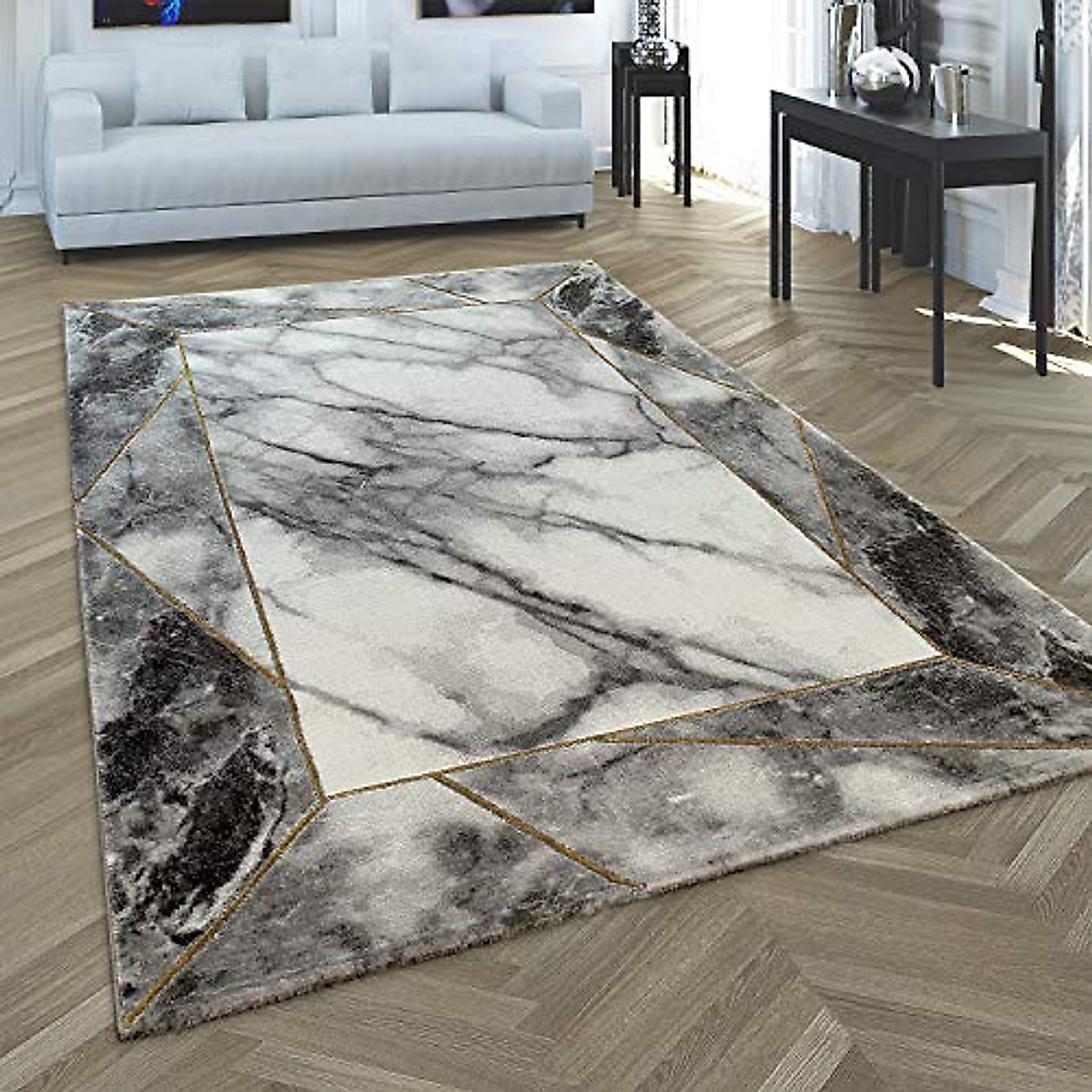 Living Room Rug Grey Gold 3-D Border Marble Pattern Robust, Size:3'11" x 5'7"