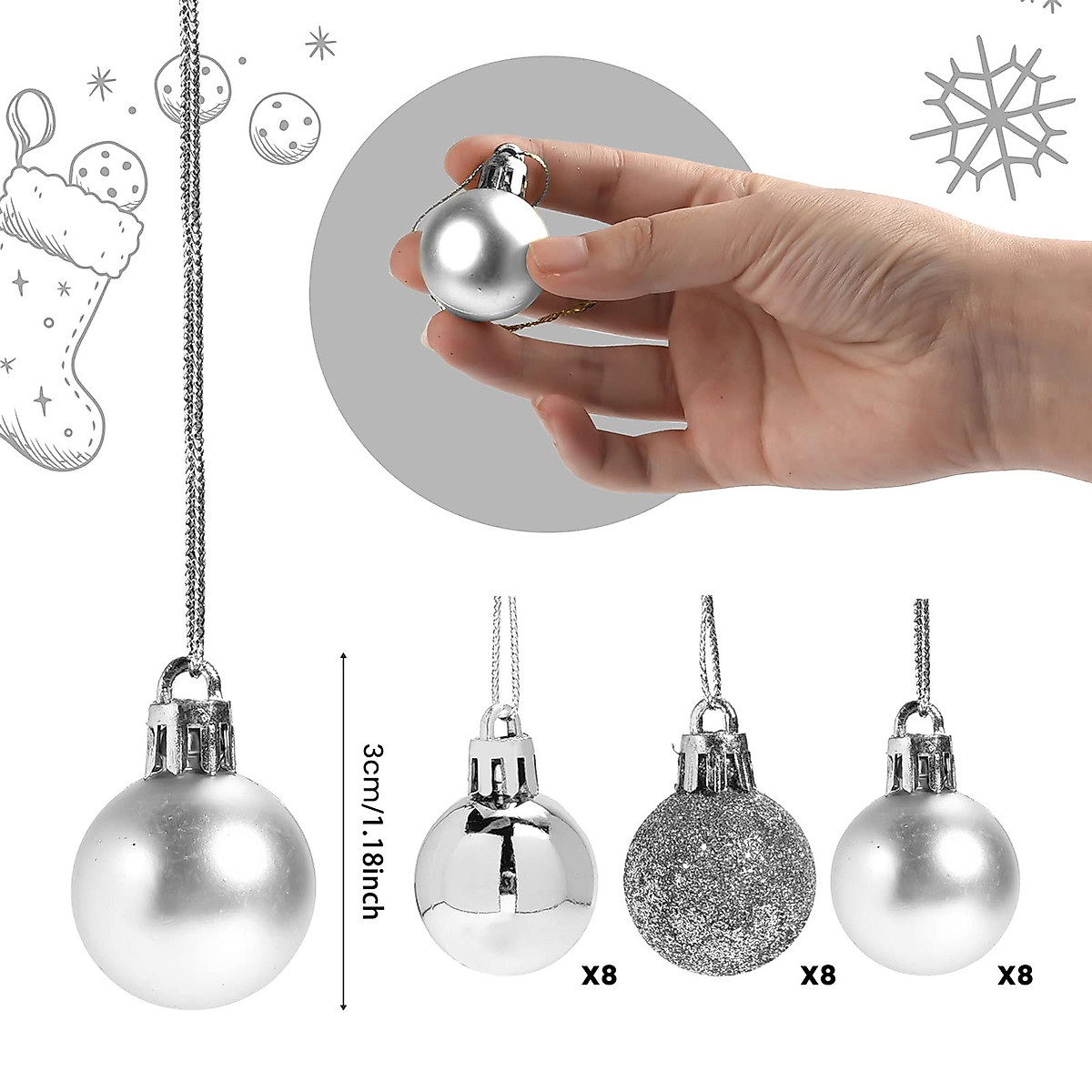 GOOTRADES Set of 24 Mini Shatterproof Christmas Balls Tree Ornaments Party Decoration, 3cm/1.1'' (Silver)