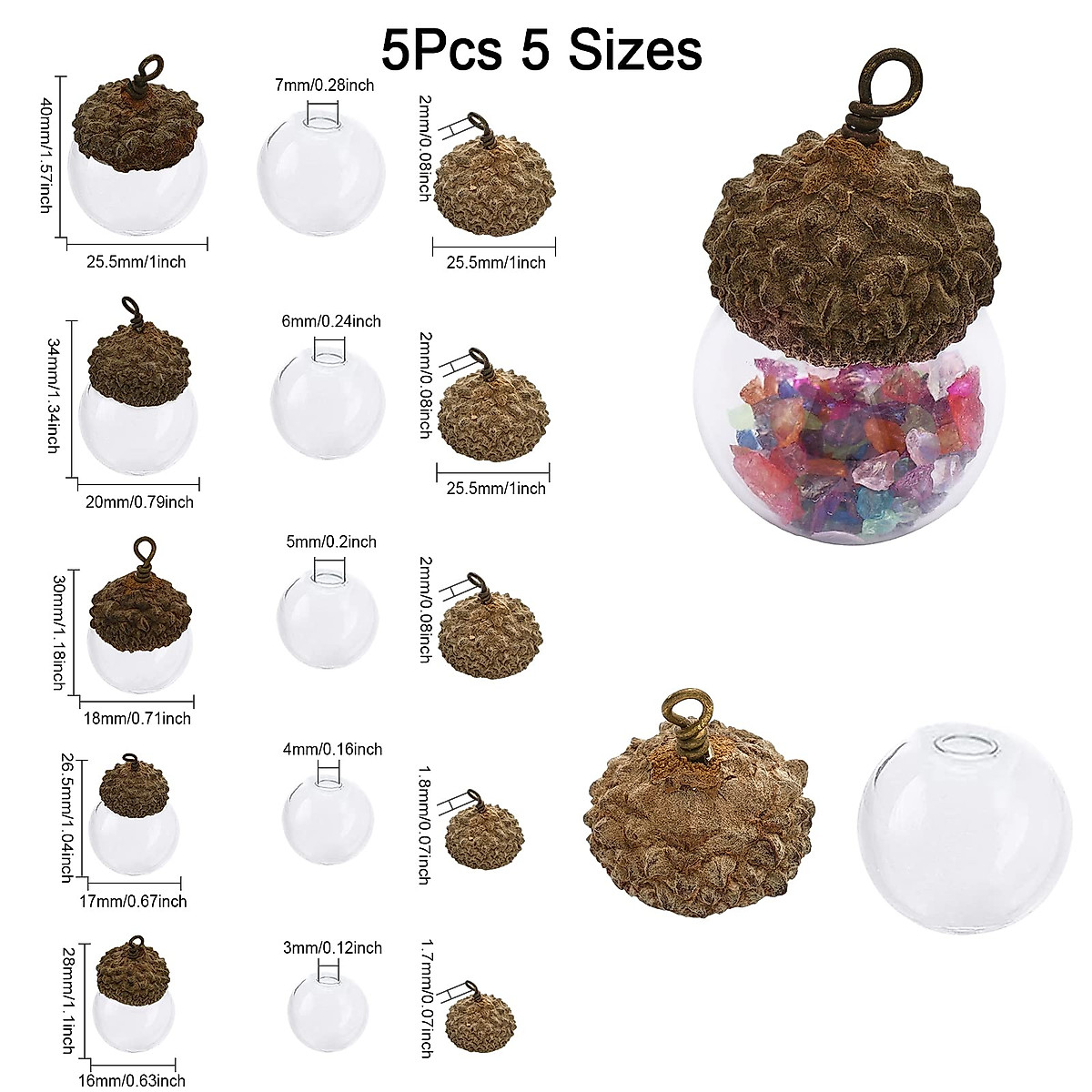 CHGCRAFT 5 Sets 5 Style Acorn Glass Ball Pendants Empty Clear Glass Globe Vial Pendants Wish Bottle Charms with Caps for Necklace Earring Making, Length 26mm to 40mm