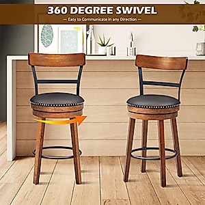 COSTWAY Bar Stools Set of 2, 360-Degree Swivel Stools with Leather Padded Seat, Single Slat Ladder Back & Solid Rubber Wood Legs, Counter Height Stools for Pub, Restaurant, Kitchen, Brown (2, 25.5)