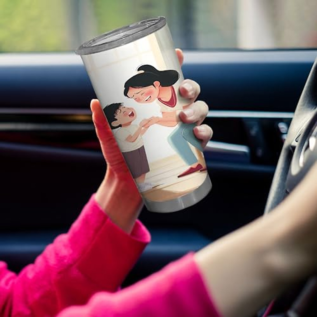 FOCIUZTA 20oz Mother and Child Cartoon Tumbler with lid, Travel Coffee Cup, Ideal for Easter, Mother Day, and birthday gifts
