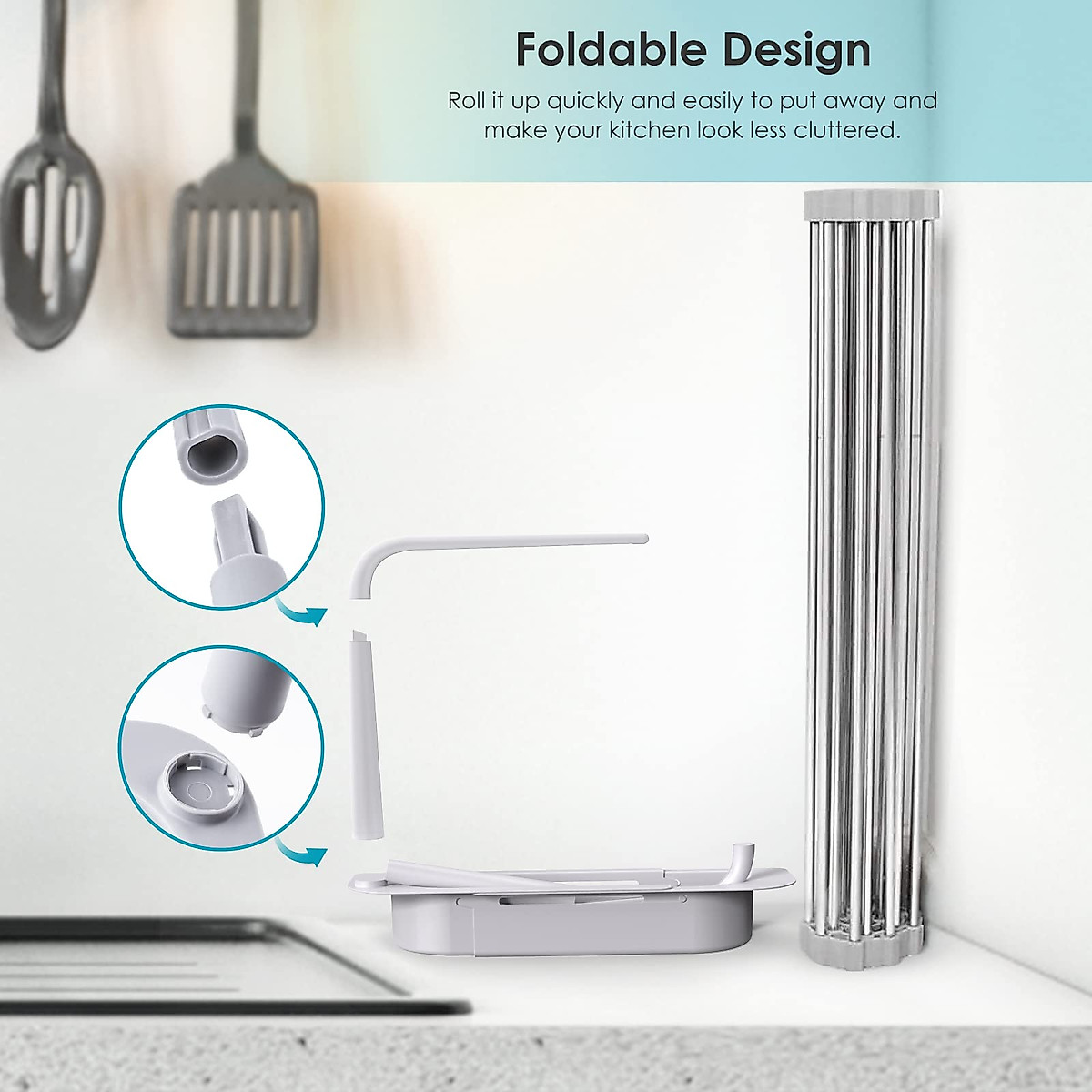 NiHome Roll Up Dish Drying Rack with Sink Caddy Expandable, Over The Sink Dish Drying Rack Portable Stainless Steel Rolling Rack Multipurpose Sponge Holder for Kitchen Sink