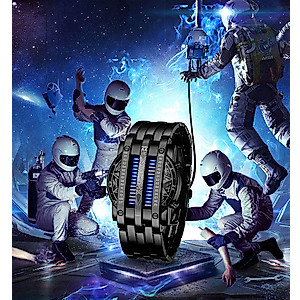 Binary Matrix Blue LED Digital Watch Mens Classic Creative Fashion Black Plated Wrist Watches (Black Blue)