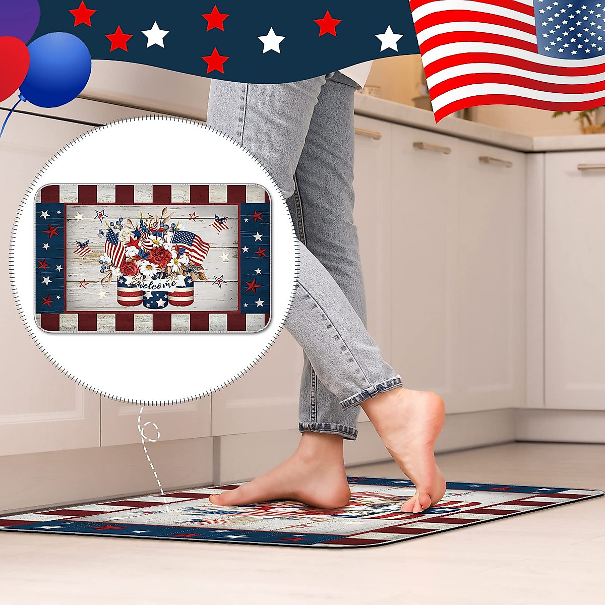 Suttmin 2 Pieces 4th of July Kitchen Rugs Patriotic Truck and Jar Mats Independence Day Rugs Memorial Day Red White Blue Floor Rug for Memorial Day Home Decor, 17 x 29 Inches, 17 x 47 Inches