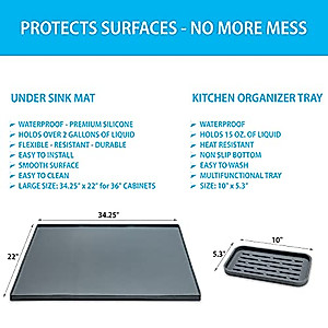 Pacific HKB Mats Under Sink Mat for Kitchen Waterproof - Silicone Under Sink Liner (34.25” x 22”) plus Organizer Tray - Under the Sink Mat for Kitchen Cabinet - Versatile Under Sink Tray - Gray