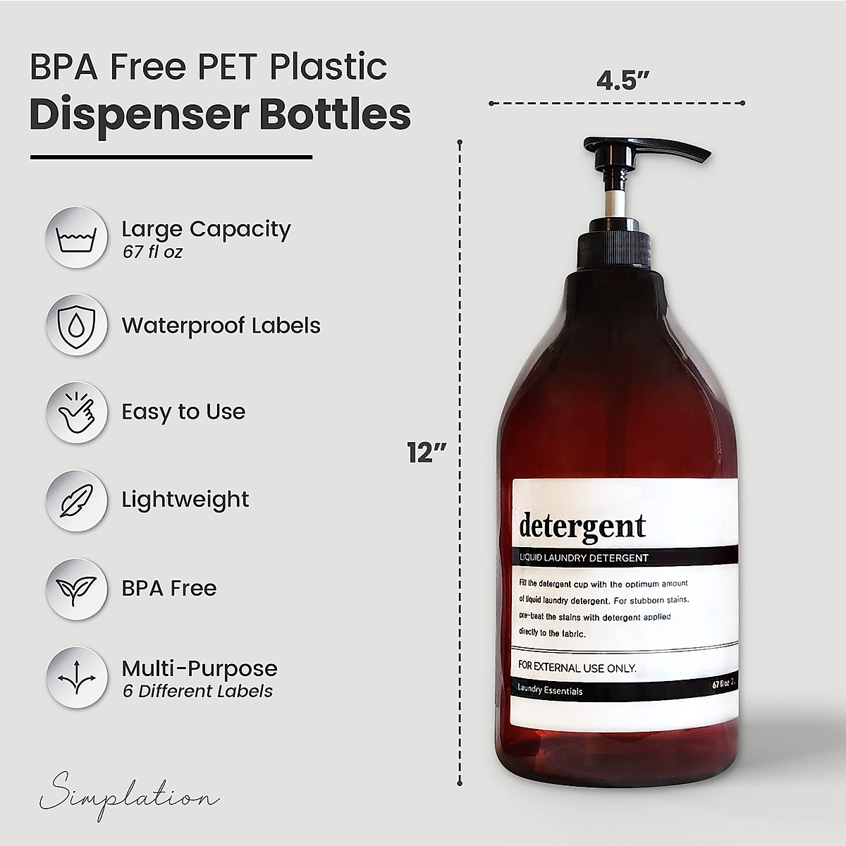 Liquid Laundry Detergent Dispenser (2 Pack), Decorative 67oz PET Plastic Bottles for Laundry Detergent, Fabric Softener, and Bleach, Laundry Soap Dispenser for Laundry Room Decor and Accessories