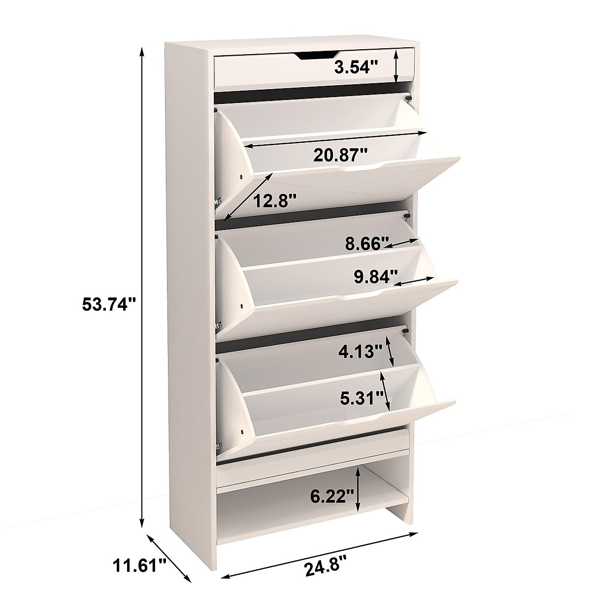 Modern Freestanding White Shoe Storage, with 3 Tier Tipping Bucket Shoe Storage Cabinet and 1 Drawers 2 Tier Open shoe cabinet,Wood 3-Tier Shoe Rack Storage Organizer for Entryway,Hallway & Bedroom