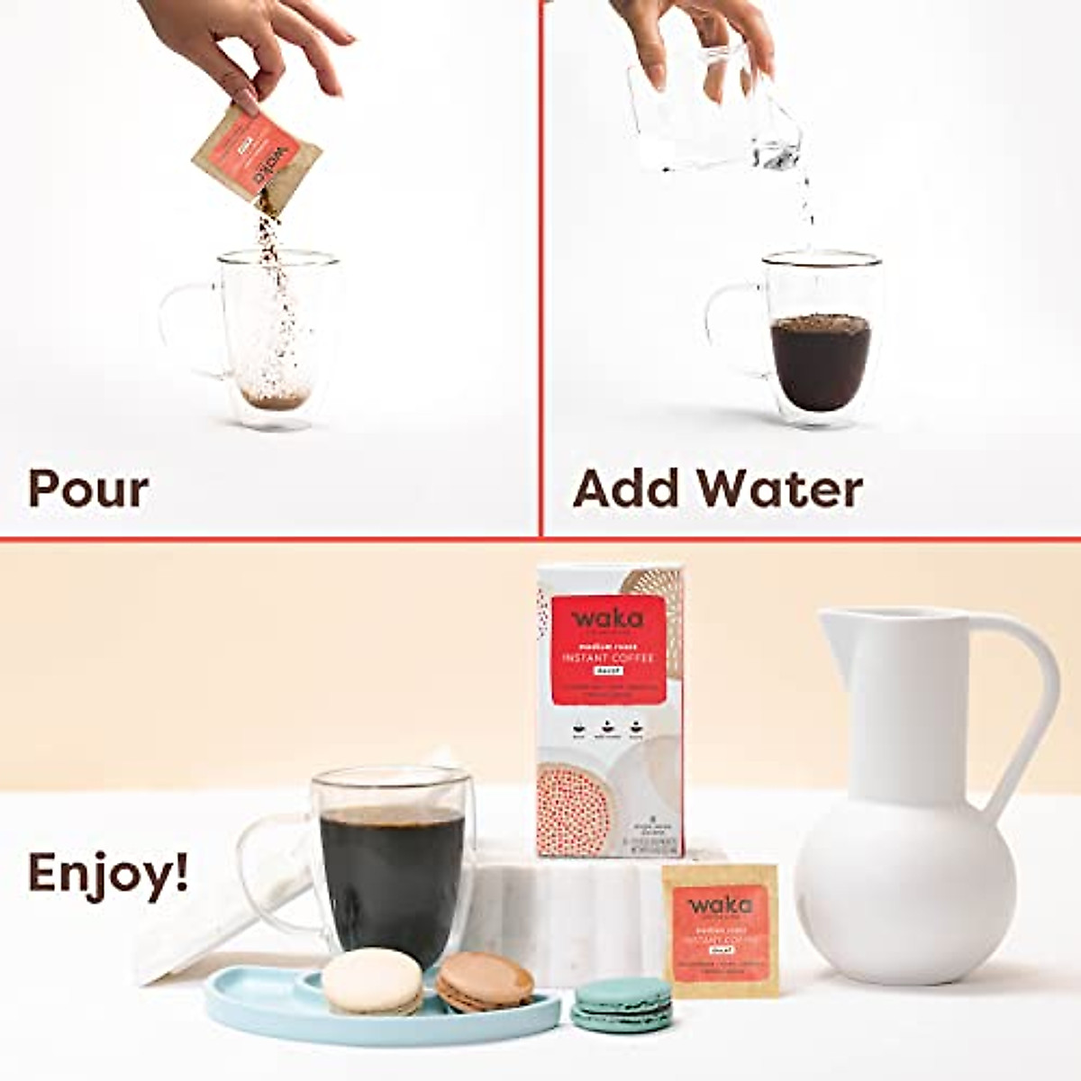 Waka Quality Instant Coffee — Decaffeinated Medium Roast — Arabica Beans & Freeze Dried — 8 Packets for Hot or Iced Premium Instant Coffee