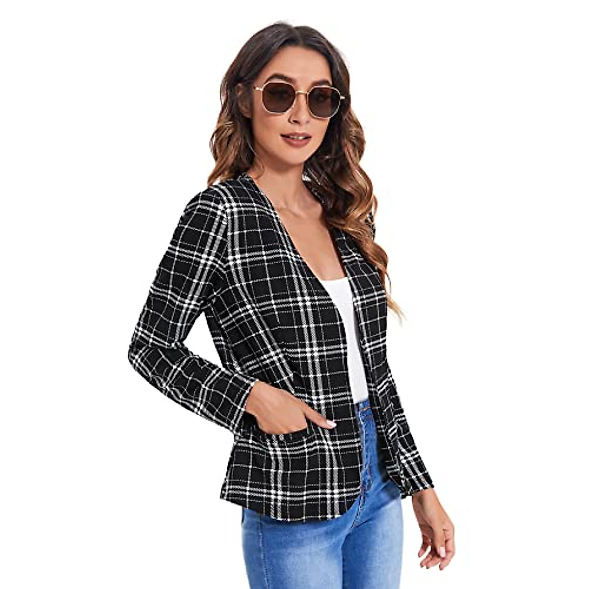 Milumia Women Elegant Open Front Plaid Blazer Work Office Jacket Outwear Z Black and White Medium