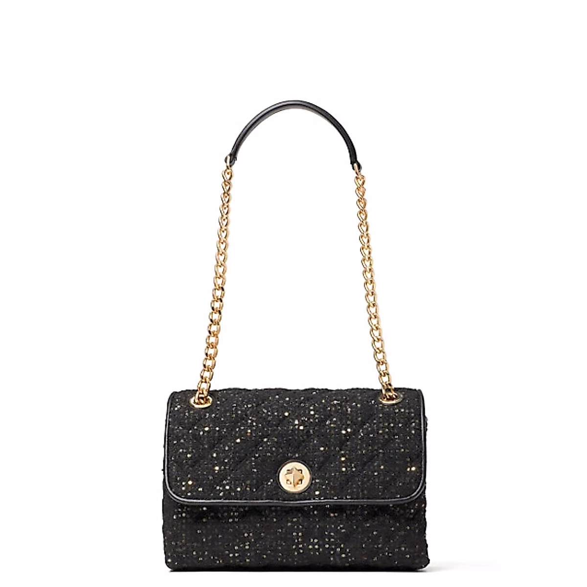 KATE SPADE NATALIA SEQUIN TWEED FABRIC MEDIUM FLAP SHOULDER BAG IN BLACK