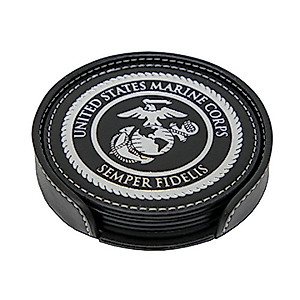 Military Veteran Products USMC Leather Coasters Set - 4 Drink Coasters for Home, Bar, Office or Car - Includes Holster – Protect Your Furniture
