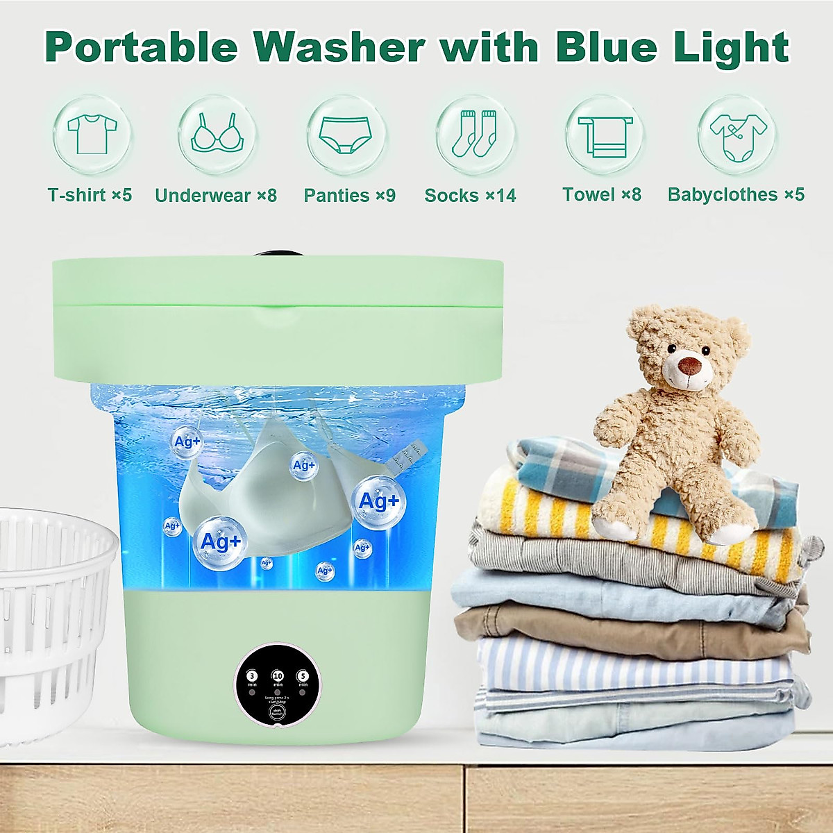 HULKNPEW Portable Washing Machine,Floading Washing Machine Upgraded 8L Large Capacity Foldable Washer,Fast and Deep Cleaning,Suitable for Apartments,Dormitories,Camping,RV,Travel,Hotel etc (Green)