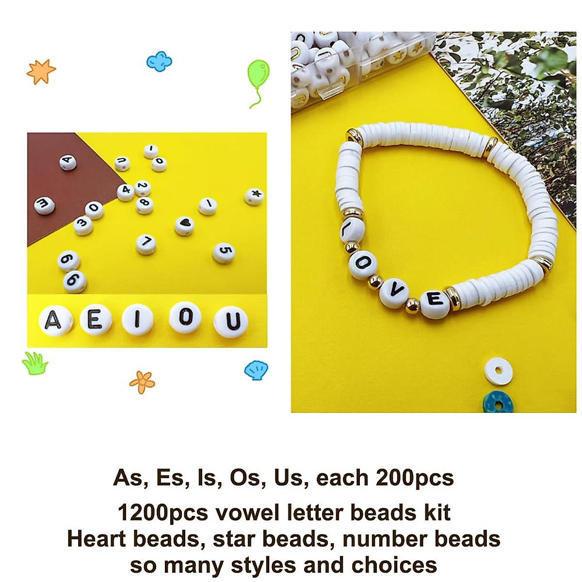 MIIIM 1200pcs Vowel Letter Beads (A, E, I, O, U), 4x7mm Round Letter Beads for Bracelets Making, Alphabet Beads, Number Beads, Heart Beads in 24 Grid Box (White Beads Black Letters)