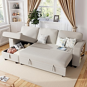 Furmax 80″ Sleeper Sofa Couch with Pull Out Bed L Shaped Sleeper Sofa with Storage Chaise, USB Charging Ports & 2 Built-in Bookshelves 3-Seat Sectional couches for Living Room (Fabric, Beige)