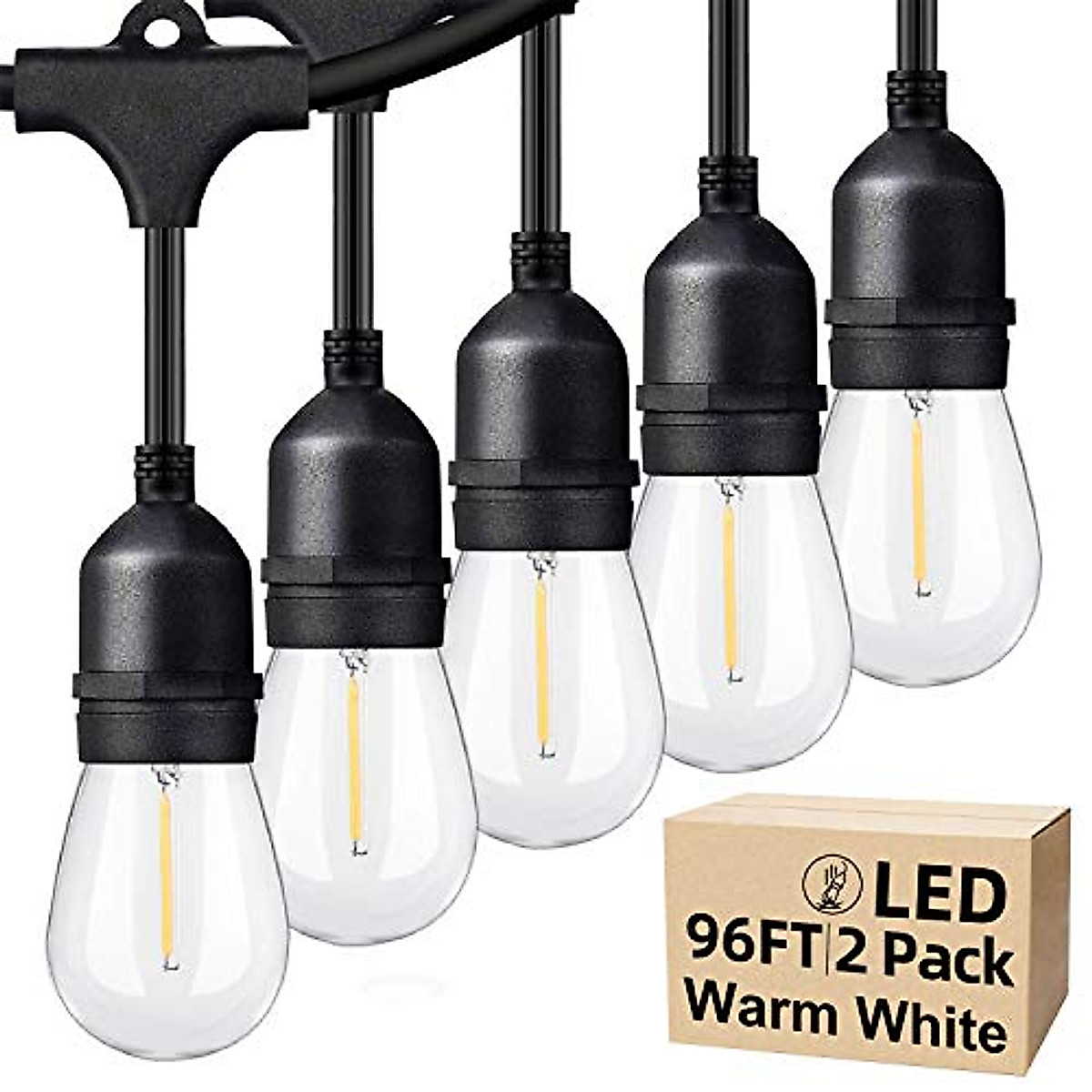 96FT(48×2) 2-Pack LED Outdoor String Lights with Waterproof Shatterproof Dimmable 2700K Warm White Filament Bulb, E26 15 Sockets Linkable Commercial Grade Hanging String Lights for Patio Deck Backyard