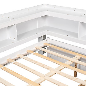 Aiuyesuo Full Size Platform Bed with L-Shaped Storage Shelfs and Bookcases, Pine Wood Day Bed with 2 Storage Drawers for Office/Living Room/Bedroom, Maximize Space (White)