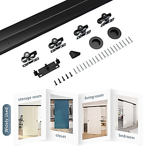 JUBEST 4FT Heavy Duty Bypass Door Hardware with Finger Pulls,Sturdy Aluminum Sliding Closet Door Track for 2 door System,Quietly and Smoothly,Fit Door Thickness 1 3/8" or 1 3/4",Easy to Install, Black