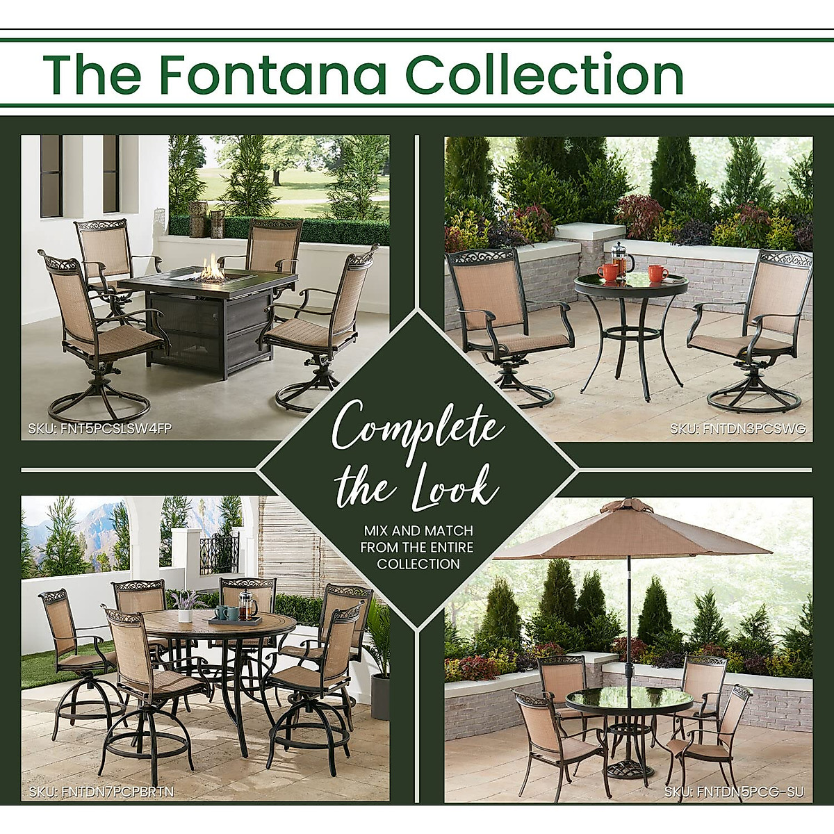 Hanover Fontana 5-Piece Outdoor Dining Set with Tan PVC Sling Swivel Rocker Chairs and 47" Round Glass-Top Outdoor Table, Patio Dining Set for 4, Weather Resistant Patio Furniture for Backyard & Deck