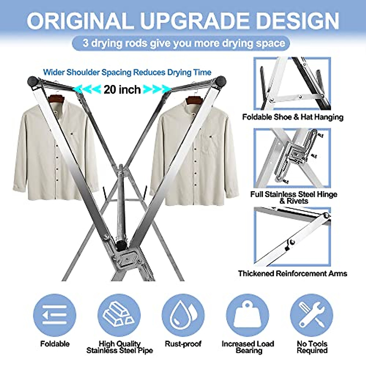 MRCTVG Upgrade 79 Inches Clothes Drying Rack, Premium Stainless Steel Adjustable and Foldable Laundry Drying Rack for Indoor Outdoor, with 20 Windproof Hooks