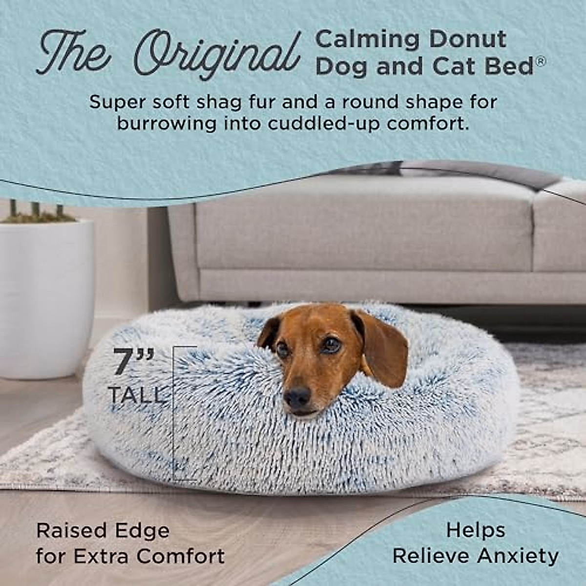 Best Friends by Sheri The Original Calming Donut Dog and Cat Bed in Shag Fur, Denim Blue, Small, 23x23
