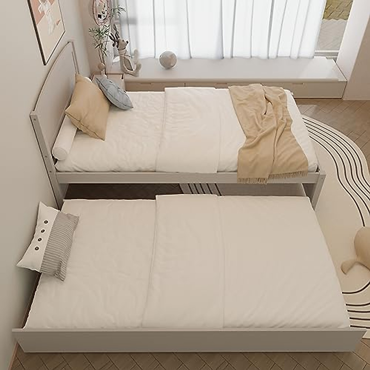 Xilingol Trundle Bed Twin, Solid Wood Bed Frames with Headboard and Wooden Slats Support, Twin Trundle Bed Frame Roll Out, Single Box Bed (No Box Spring Needed), Grey