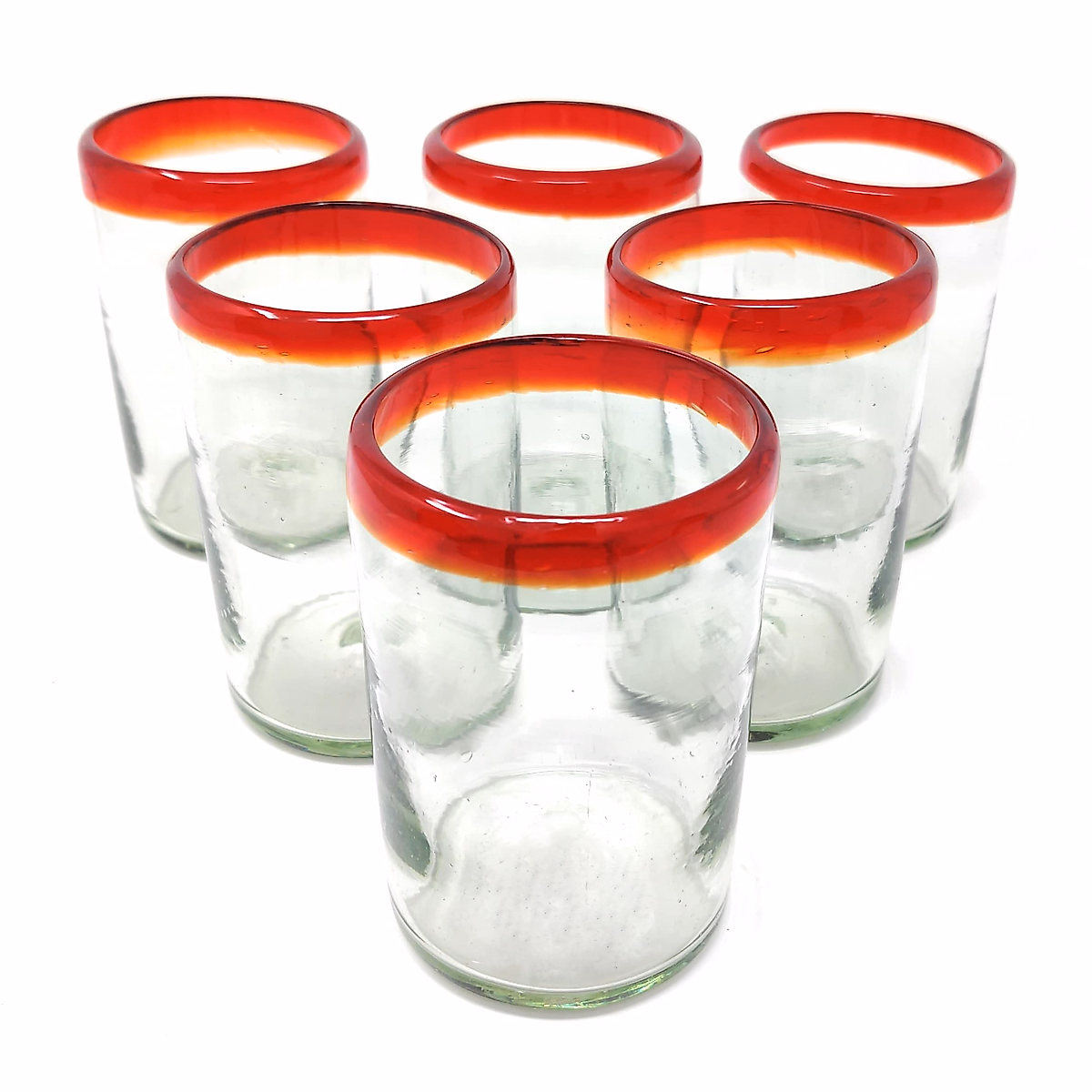 Dos Sueños Hand Blown Mexican Drinking Glasses - Set of 6 Glasses with Red Rims (14 oz each)