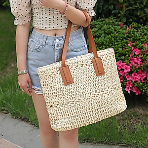 Straw Bag for Women Woven Beach Structured Tote Handmade Crochet Carteras De Mujer Summer Shoulder Bohemian Pom Travel