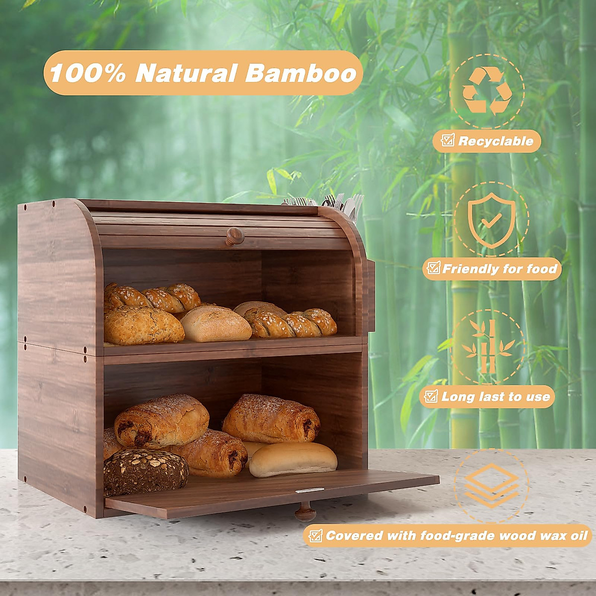 TQVAI Bamboo Bread Box for Kitchen Countertop Dobule Layer Roll Top Bread Bin with Silverware Basket - Can Use as 2 Individual Bread Boxes - Assembly Required, Black