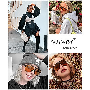 BUTABY Vintage Aviator Sunglasses for Women Men Retro 70s Glasses Classic Large Squared Frame UV400 Protection Black Yellow & Black Brown