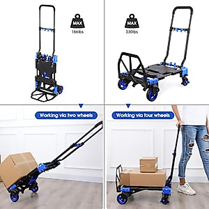 HIYATEE Heavy Duty Folding Hand Truck, 330lbs Portable Dolly Cart Retractable Handle,Foldable 2 in 1 Hand Truck Push Cart Dolly with 4 Wheels, Suitable for Home/Office/Travel/Warehouse/Market/Handling