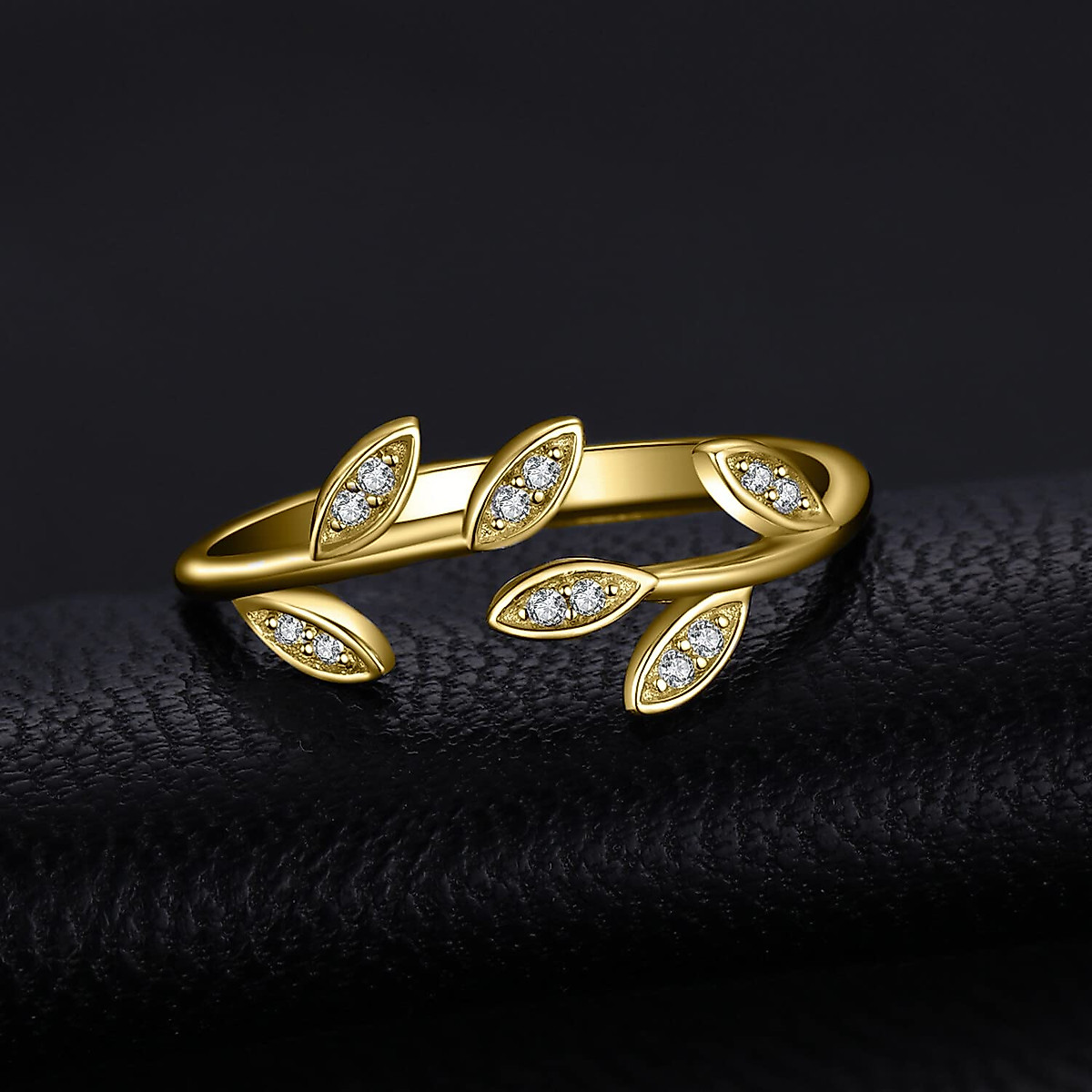 JewelryPalace Olive Leaf Cubic Zirconia Open Adjustable Rings, 14K Yellow Gold Plated 925 Sterling Silver Rings for Women, Simulated Diamond Cuff Finger Thumb Band Ring, Womens Jewelry Gifts