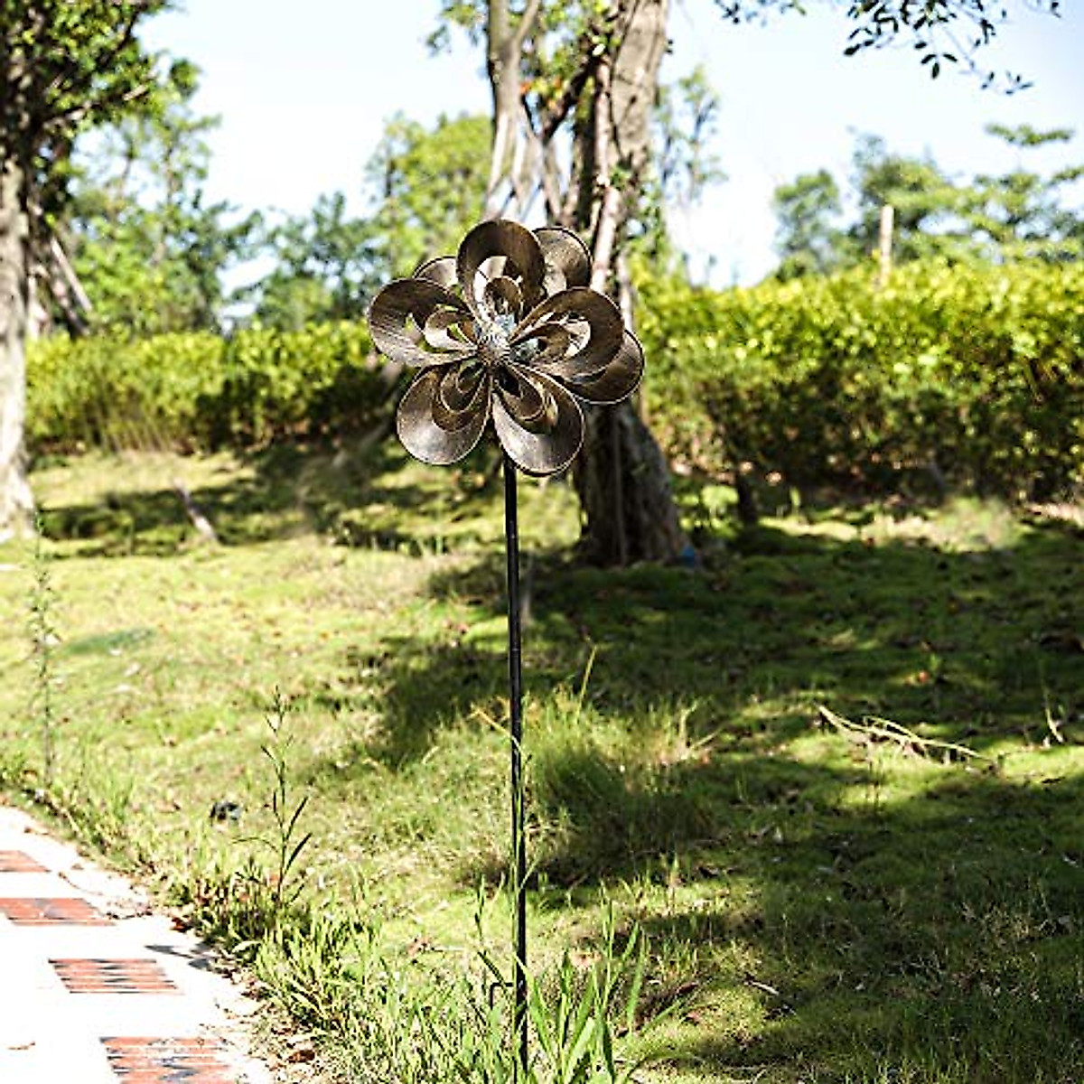 Solar Wind Spinner Magnolia Multi-Color Seasonal LED Lighting Solar Powered Glass Ball with Kinetic Wind Spinner Dual Direction for Patio Lawn & Garden