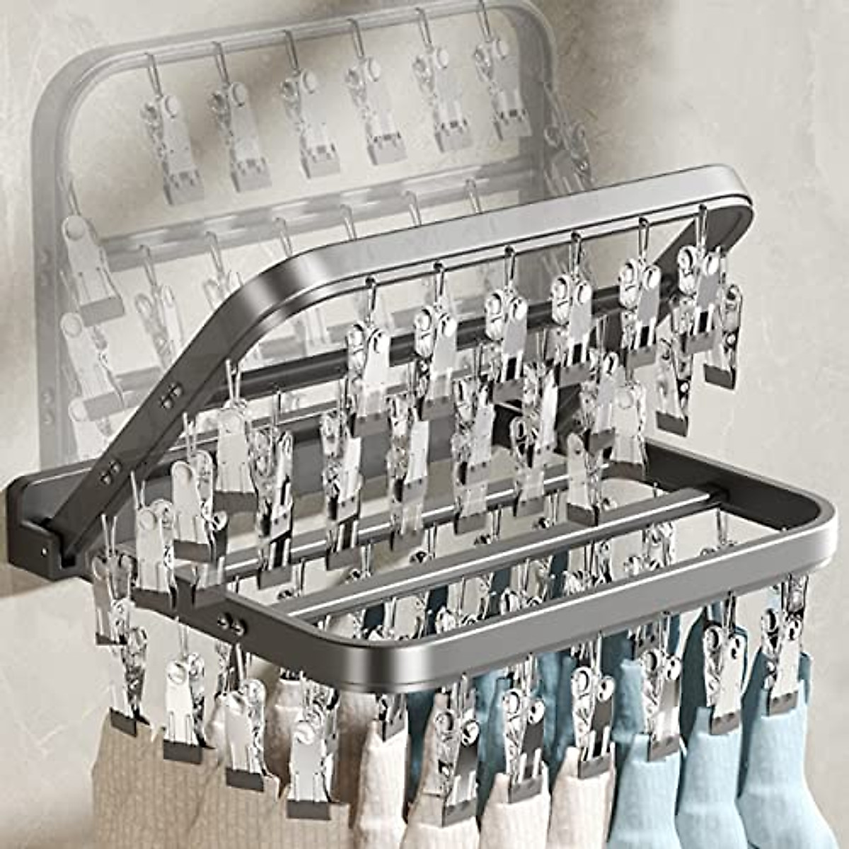 NEWRAIN Clothes Drying Rack, Aluminum Alloy Laundry Clothing Drying Hanger with 26 Pegs for Drying Towels, Bras, Lingerie, Baby Clothes，Socks