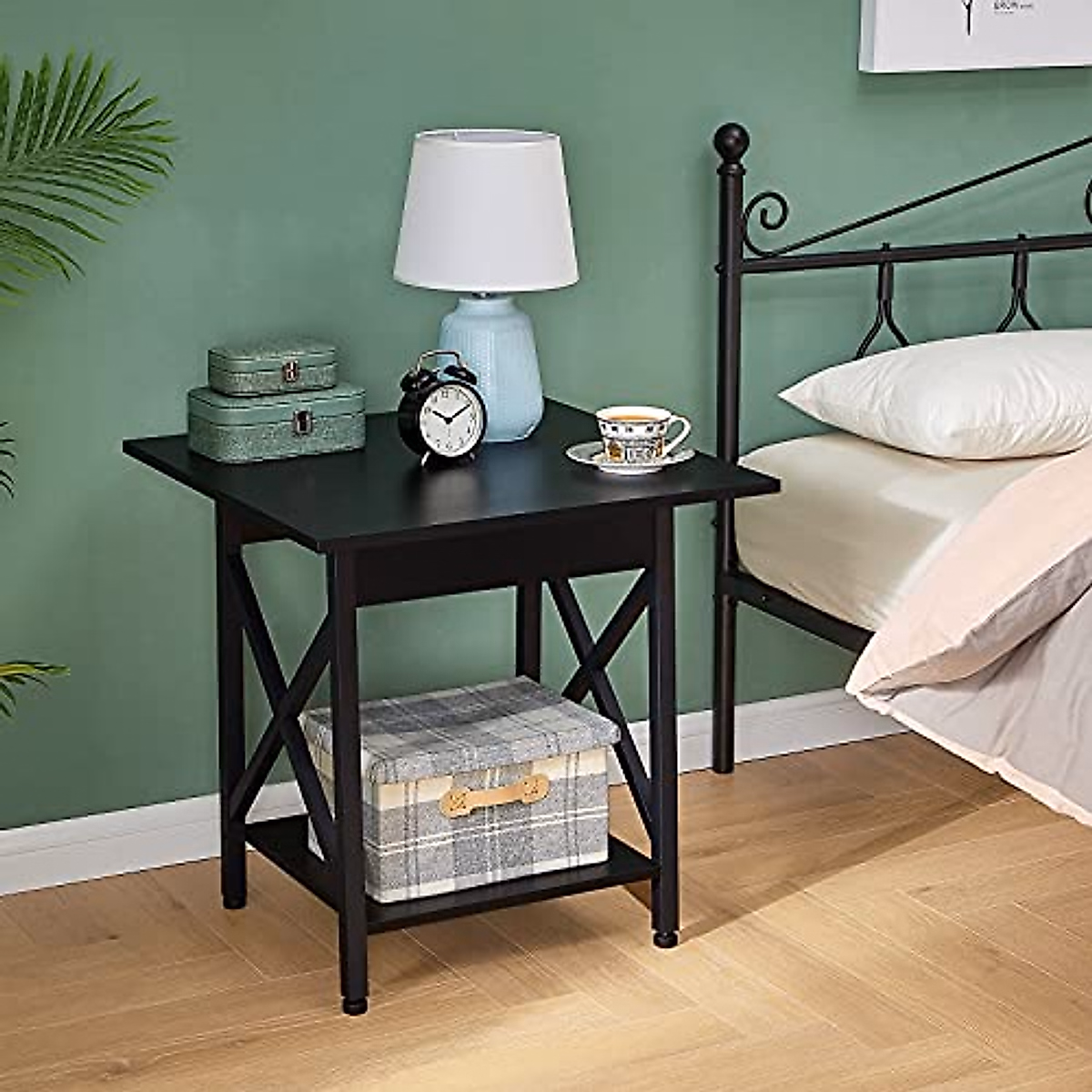 GreenForest End Table Large 24 inch Farmhouse Industrial Design Side Table Nightstand with Storage Shelf for Living Room, Easy Assembly, Black