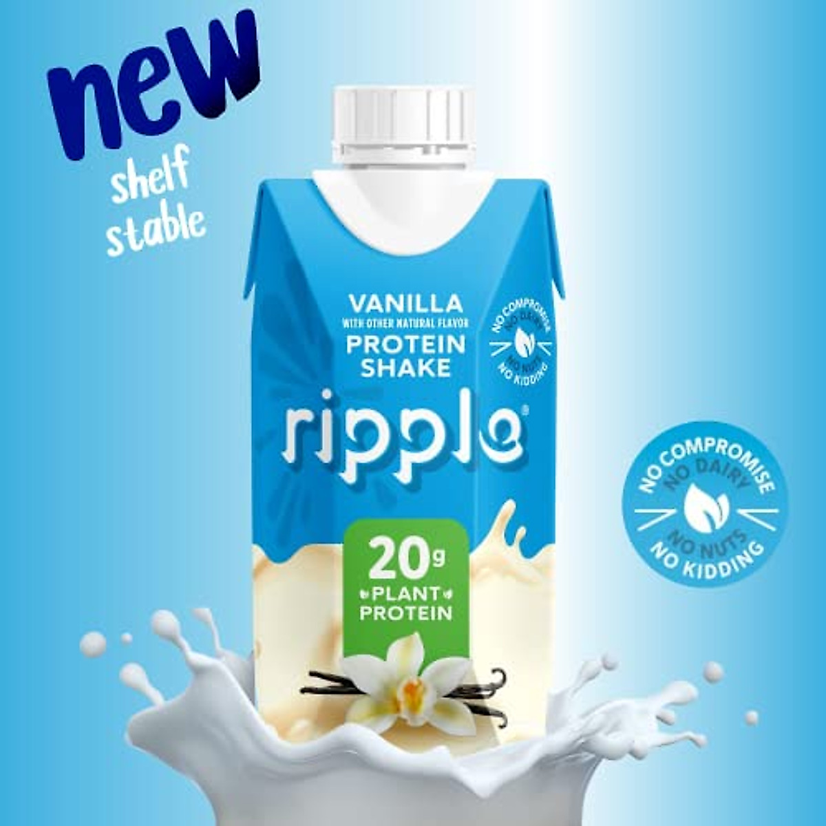 Ripple Vegan Protein Shake, Vanilla | 20g Nutritious Plant Based Pea Protein in Ready to Drink Cartons | Non-GMO, Non-Dairy, Soy Free, Gluten Free, Lactose Free | Shelf Stable | 11 Fl Oz (4 Pack)