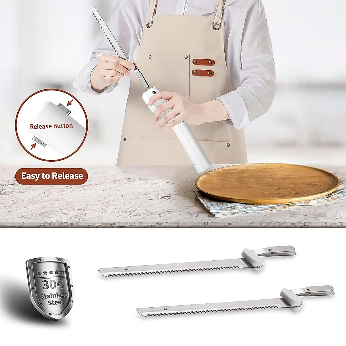 Cushore Cordless Electric Knife Rechargeable Easy-Slice Bread Knife with 4 Reciprocating Serrated Stainless Steel Blades, Carving Meats, Poultry, Bread, White