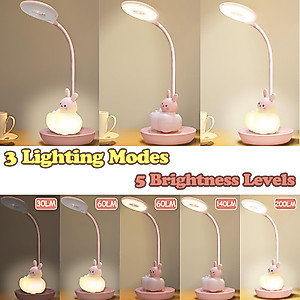 CompraFun Kids Desk Lamp Pink, Dimming Desk Lamp for Girls with Exclusive Cartoon Look, Cute Night Light for Kids Bedroom, Eye-Caring LED Portable Reading Lamp for Child, Unique Gift (Pink Rabbit)