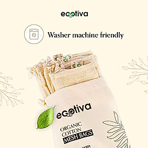 ecotiva Organic Reusable Produce Bags - Cotton Produce Bags - Cotton Mesh Produce Bags - Mesh Produce Bags Grocery Reusable - Mesh Bags For Produce