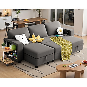 YESHOMY L-Shaped Sofa Bed Convertible Sectional Couch for Living Room with Pull Out Sleeper, Storage Chaise & 2 Built-in Bookcases, Gray