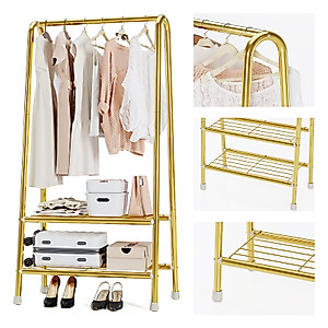 Gold Garment Rack, Metal Clothes Racks, Sturdy Clothing Racks, Premium Wardrobe Rack, Closet Organizers and Storage with Double Layer Shelf for Storing Clothes, Shoes, Bags, 24.4 * 13.8 * 62Inches