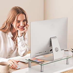 WALI Rectangular Tempered Glass Monitor Riser Desktop Stand Height Adjustable Table Top for Flat Screen LCD LED TV, Laptop, Notebook, Display (GTT001), 16 X 10 inch, Clear