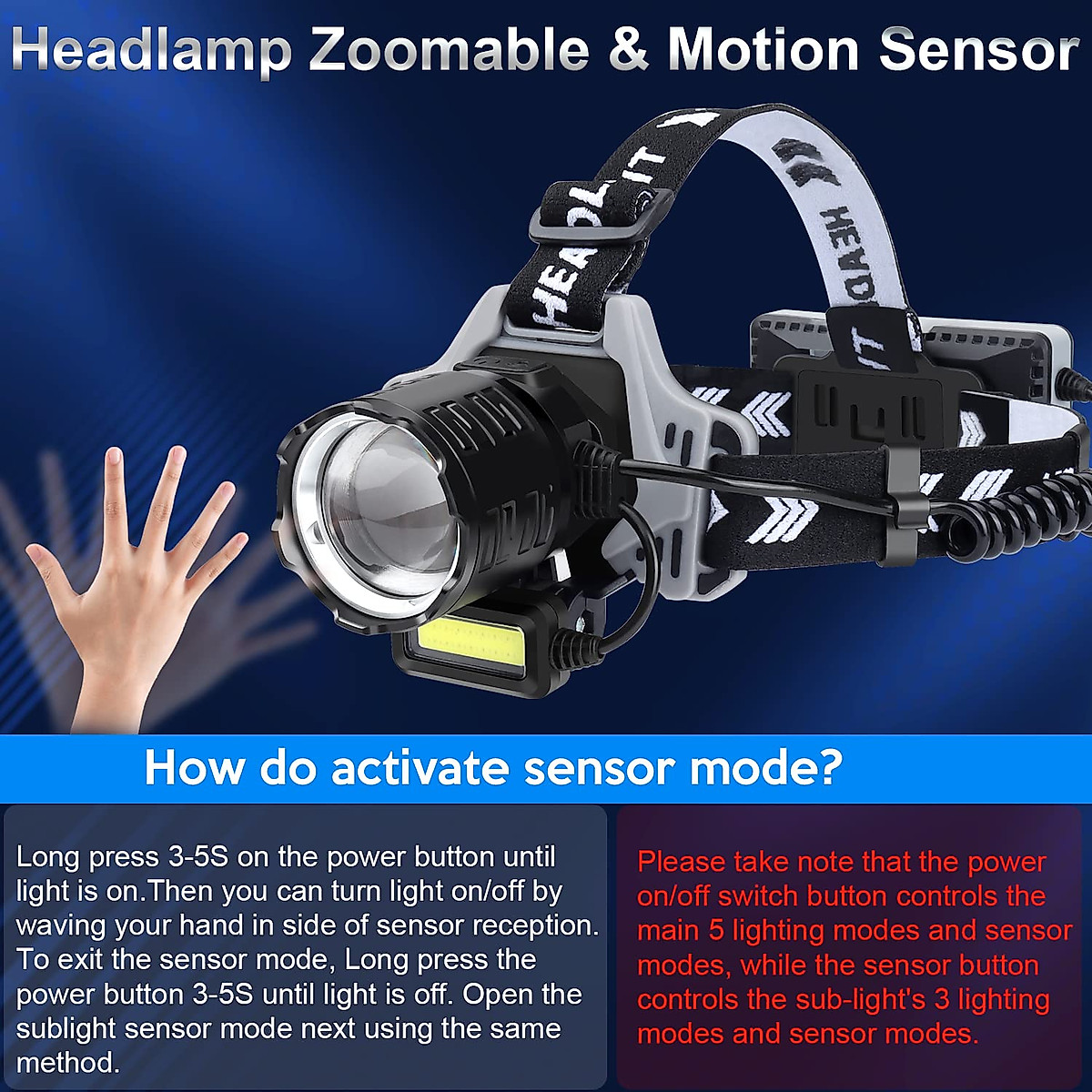 AXRUNZE LED Headlamp Rechargeable 150000 Lumens Super Bright with 10 Modes & Motion Sensor, Head Lamp Flashlight with Zoomable, IPX7 Waterproof,135°Adjustable for Outdoor Hiking Camping Running 2 Pack