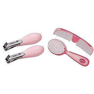 Safety 1stSteady Fold-Up Nail Clippers, Raspberry, 2-Count with Safety 1st Easy Grip Brush and Comb, Raspberry