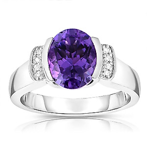 KOKAV 925 Sterling Silver Genuine Amethyst 2-1/2 Ct, Diamond Ring. Size 7