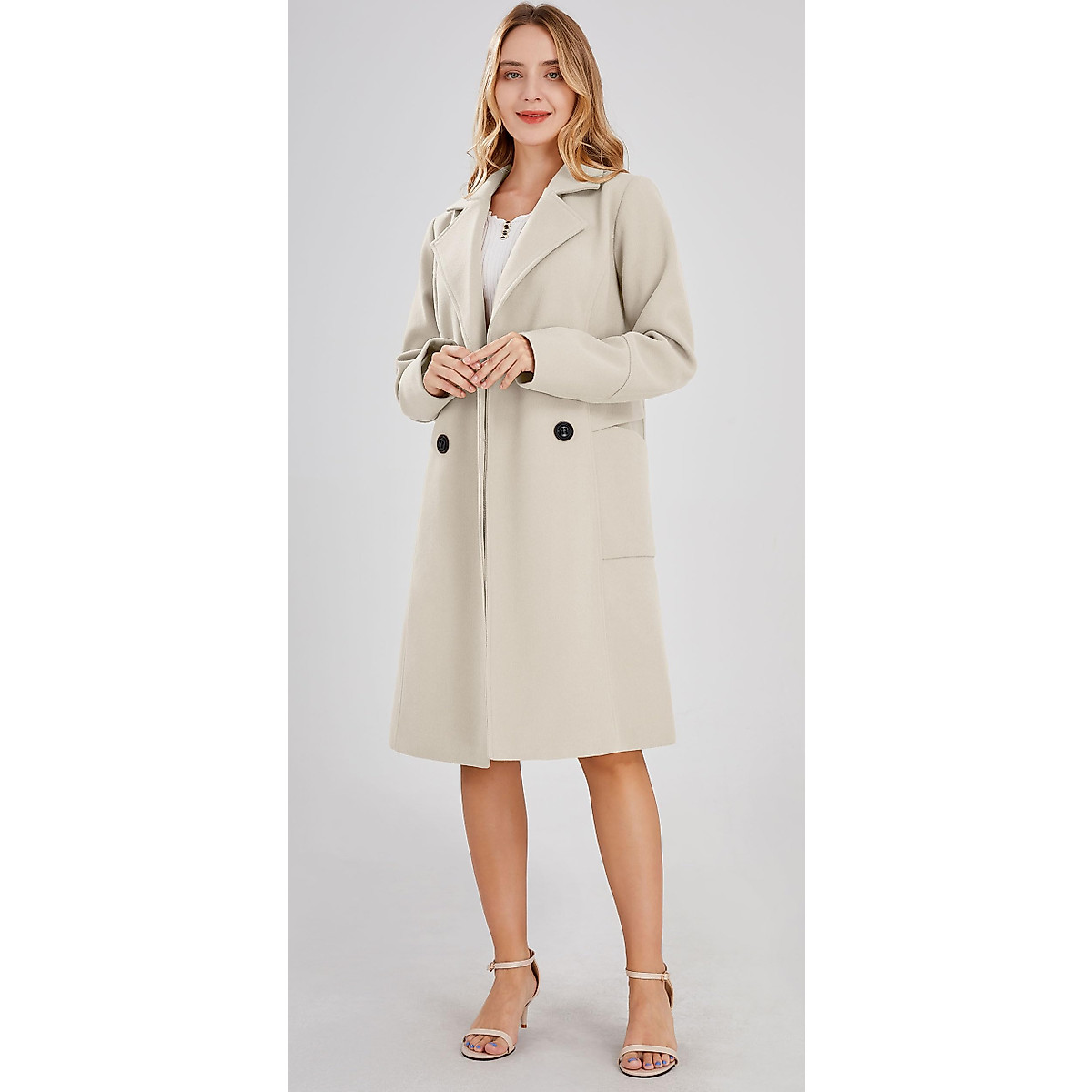 chouyatou Women's Basic Essential Double Breasted Mid-Long Wool Blend Pea Coat (Small, Off White)